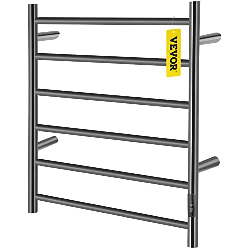VEVOR Heated Towel Rack, 6-Bar Towel Warmer Rack, Wall Mounted Electric Towel Warmer, Electric Towel Drying Rack with Timer, Matte Black Stainless Steel Heated Towel Warmer for Bath, Plug-in/Hardwired
