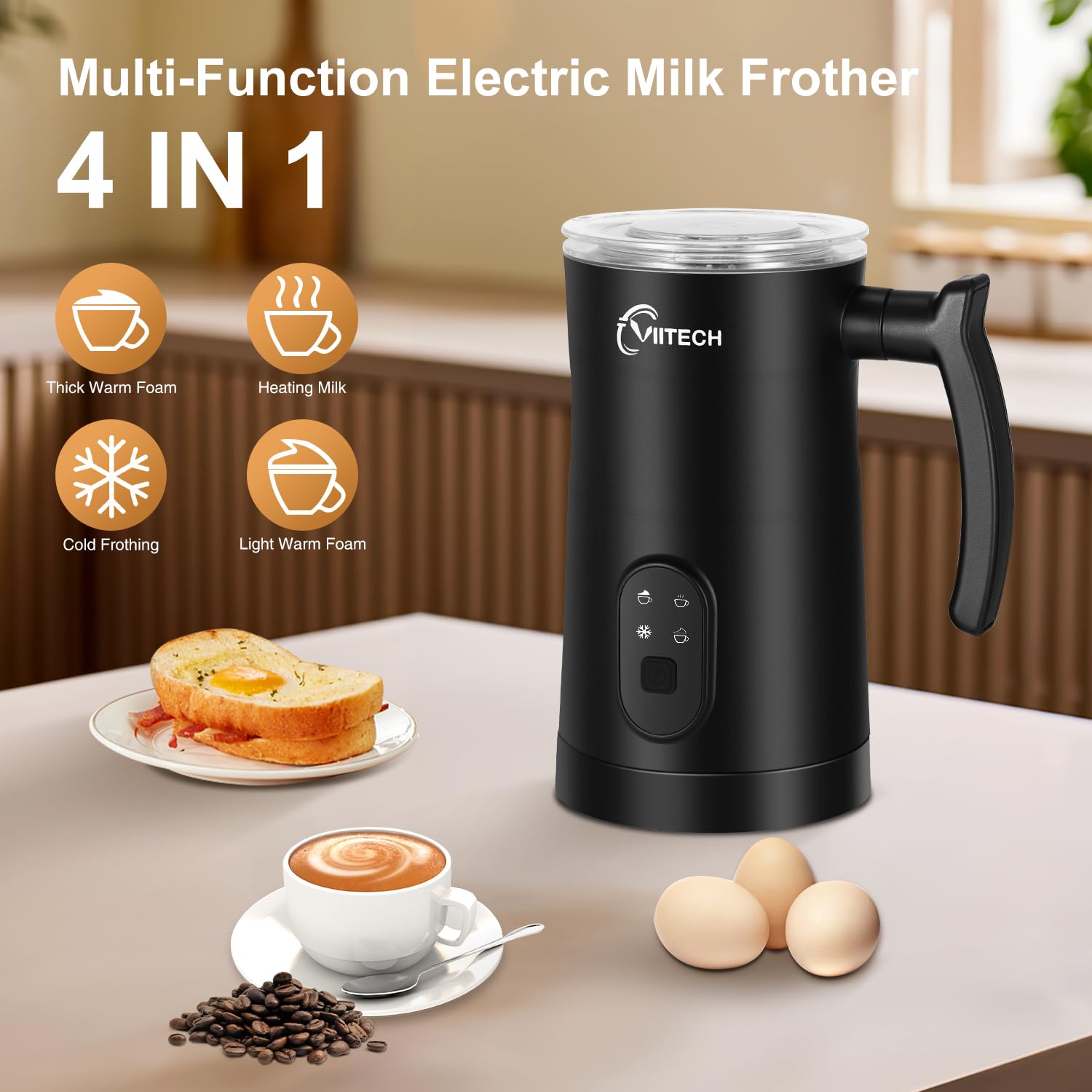 Milk Frother, Frother for Coffee, 4 in 1 Electric Milk Frother and Steamer, Viitech 11.8oz/350ml Warm and Cold Foam Maker with Temperature Control, Silent Operation & Automatic Shut Off