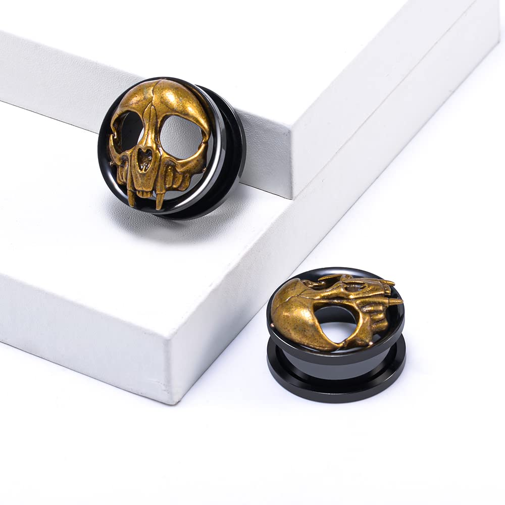 POBAISITER 2PCS Stainless Steel Ear Gauges Tunnels Expander Vintage Black Gold Skull 0g-1 inch Body Piercing Jewelry
