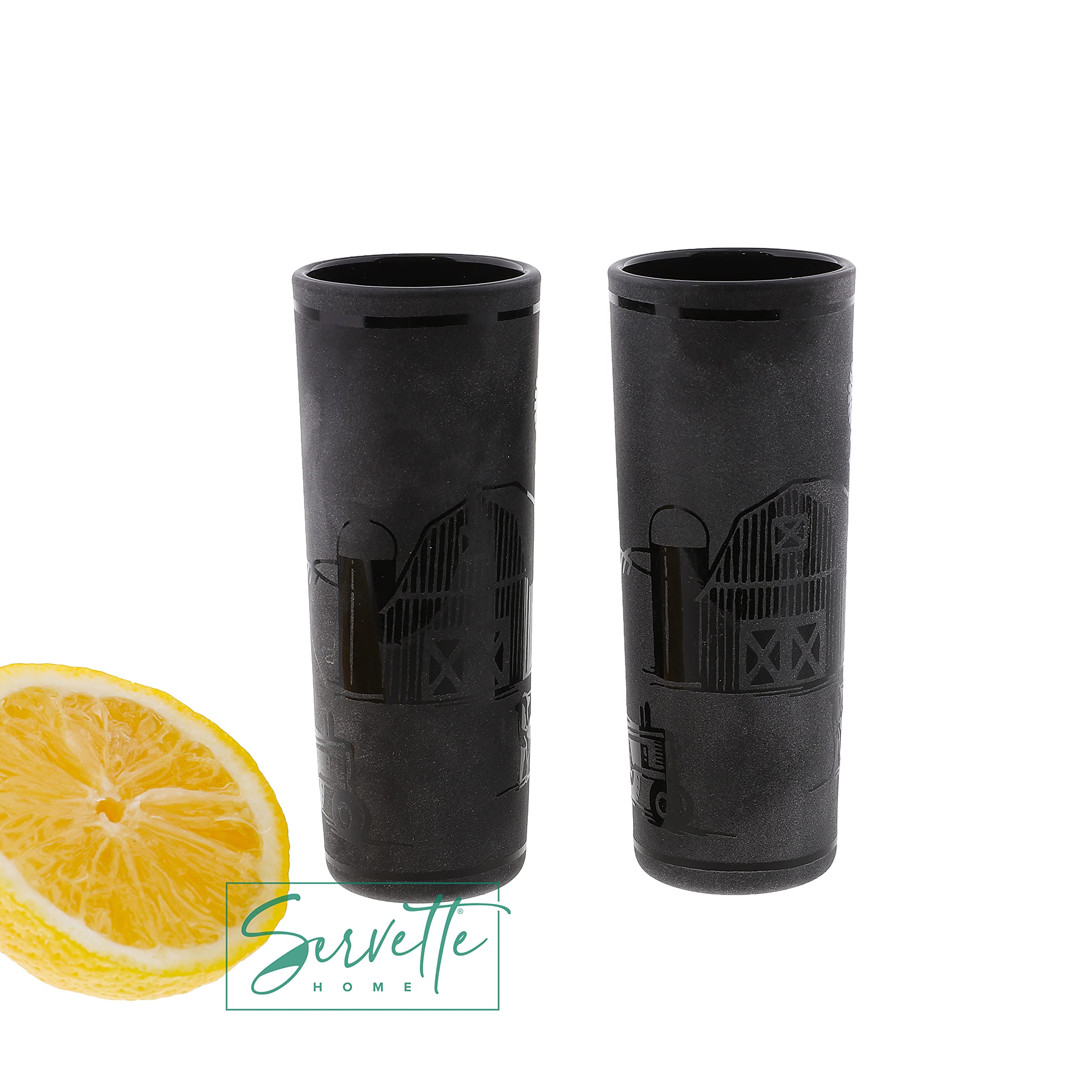 Servette Home 2.5 oz Shooter Glass Shot Glasses with Farm Design - 2 Black