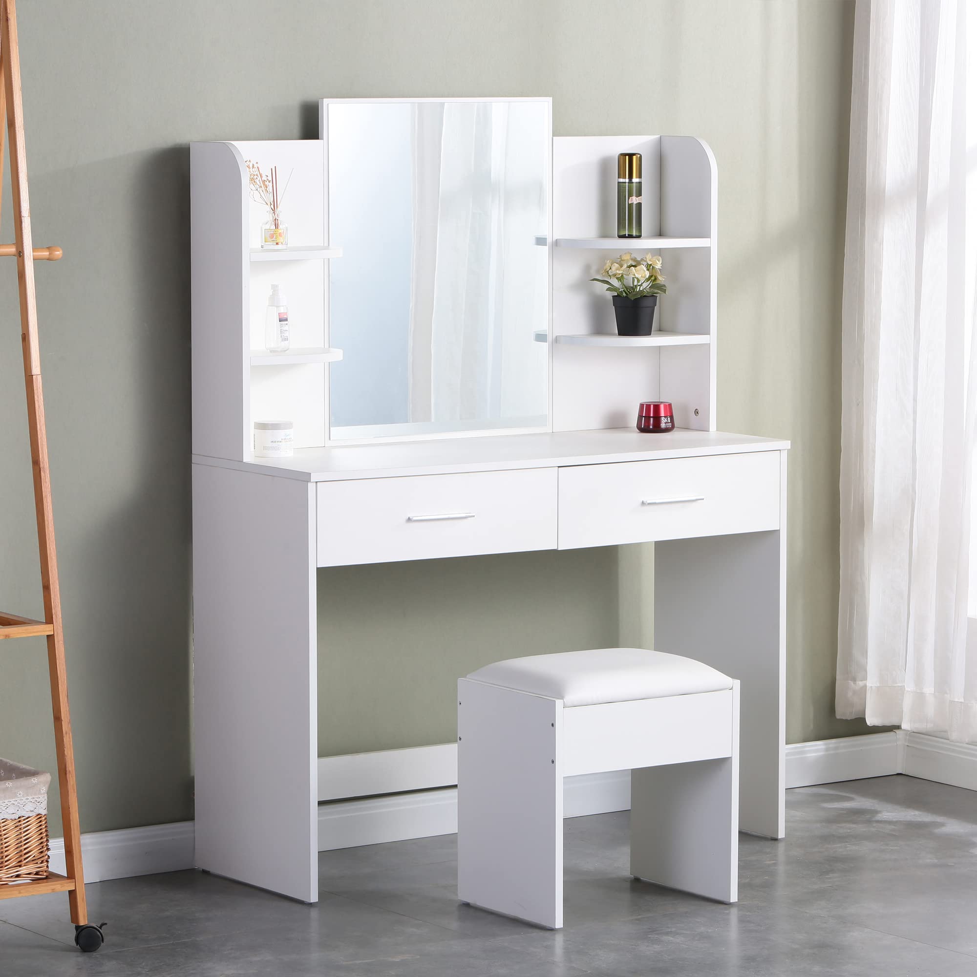 Large Vanity Set with 10 LED Light and Mirror, Makeup Table with Cushioned Stool, 6 Storage Shelves 2 Drawers, Dresser Desk for Women, Girls, Bedroom, White