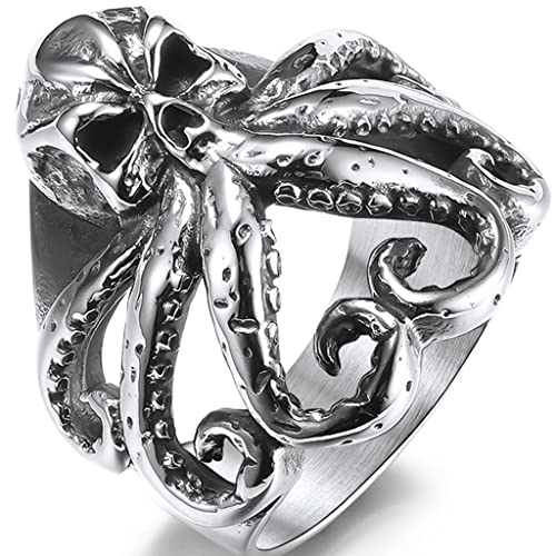 Retro Vintage Stainless Steel Octopus Gothic Punk Halloween Cocktail Party Biker Ring (Silver, 8)