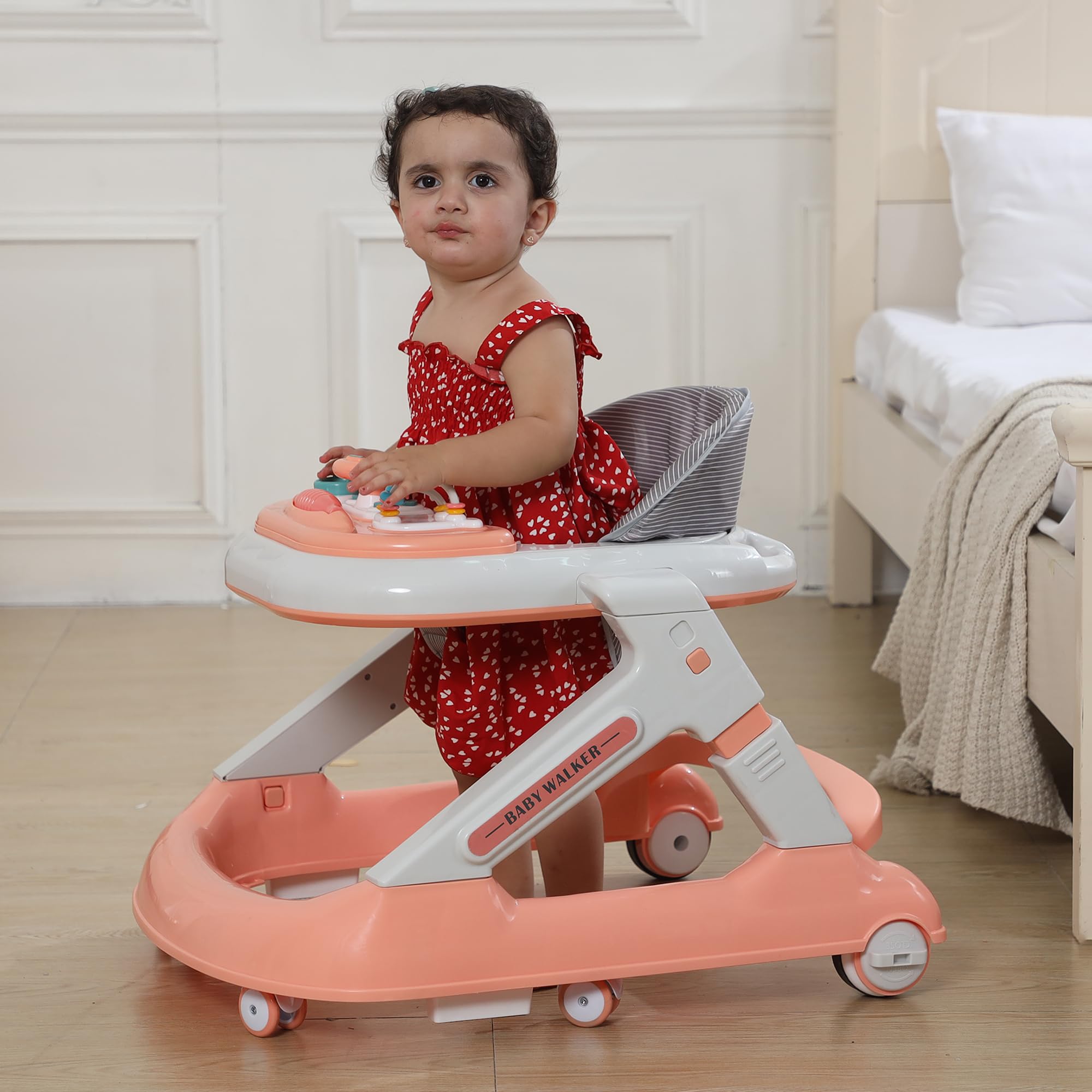Marzviyia 5-in-1 Baby Walker with Wheels, Baby Push Walkers with Adjustable Height & Speed, Building Block Table, Pink