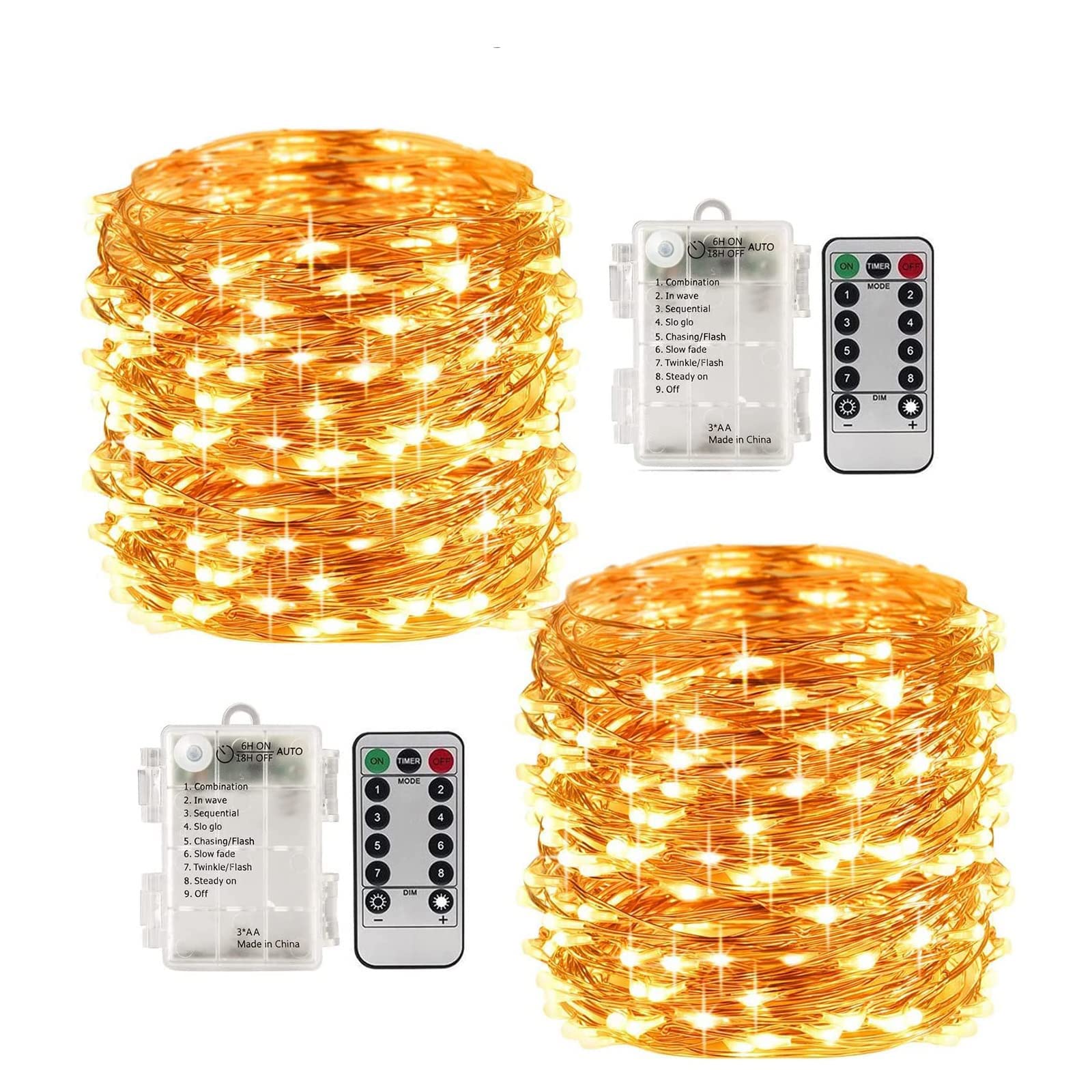 LightsEtc 2 Packs 33 Feet/Pack Fairy Lights Battery Operated, 100 Led Fairy Lights with Remote Timer Control, Waterproof Copper Wire String Twinkle Lights for Bedroom Wedding Indoor Outdoor Decoratio