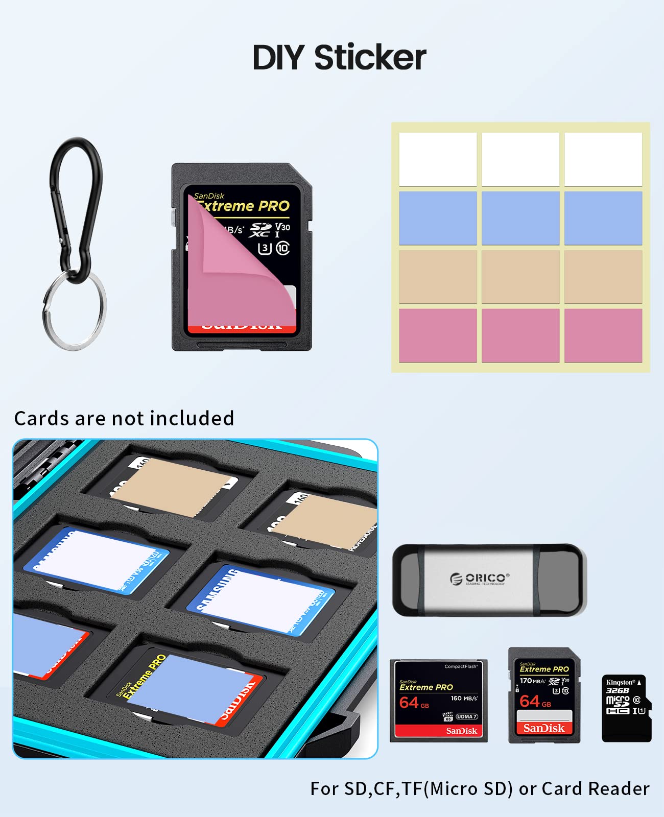 ORICO SD Card Case Holder Universal Waterproof for Memory Card Reader Carrying Case Anti-Shock Storage Holder 12 Slots Slim for Micro SD TF Compact Flash CF SDXC SDHC Cards