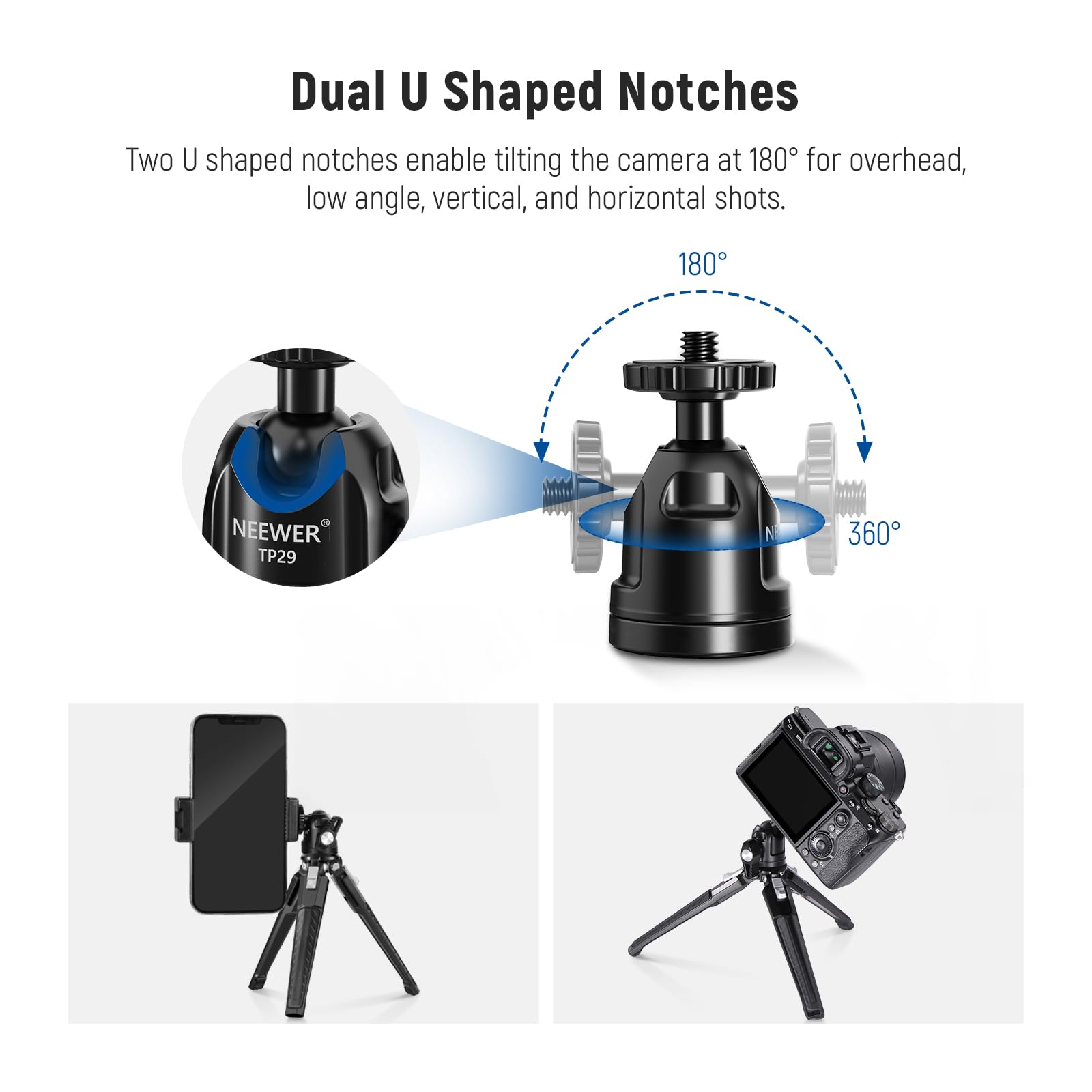 NEEWER Mini Metal Table Tripod with 360° Ball Head, Supports Vertical Recording and Handle, Portable Travel Tripod with 1/4 Inch Screw for Camera Mobile Phone Action Cam, Max. Load 3 kg, TP29
