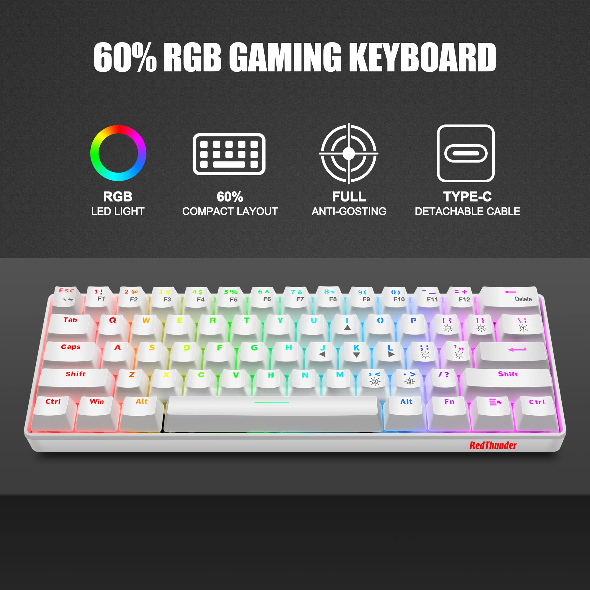 RedThunder 60% Wired Mechanical Gaming Keyboard, 61 Keys Ultra-Compact Keyboard, PBT Keycaps, RGB Backlight for PC (Red Switch, White)