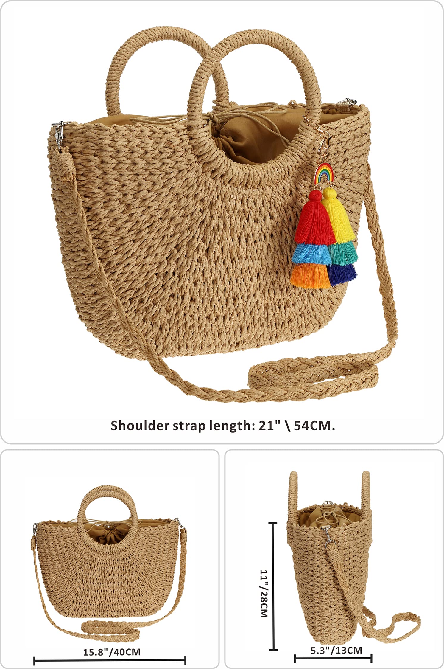 So'each Women's Handmade Rattan Large Size Straw Tote Shoulder Bag Khaki