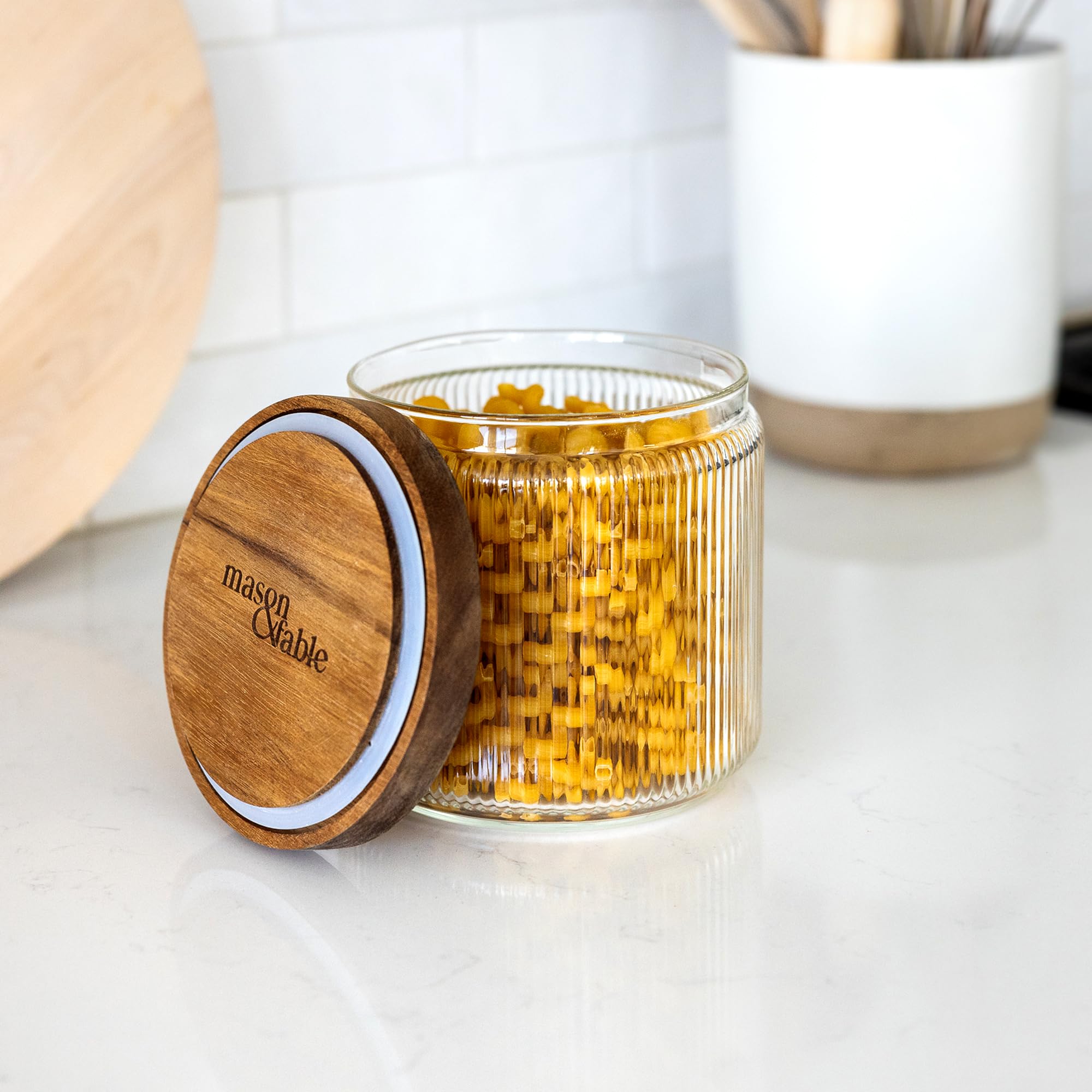 Mason & Fable 12 fl oz, 350ml Glass Food Storage Jars with Wood Lids (6pcs) - Stylish Ribbed Pattern for Kitchen Organization and Storage Containers for Spice, Tea, Coffee/Sugar