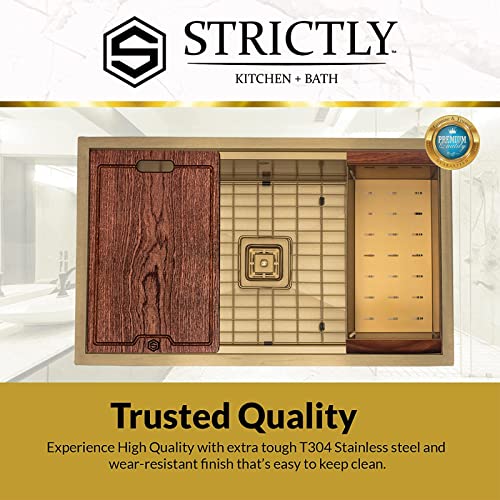 STRICTLY SINKS 32” Gold Work Station Kitchen Sink Undermount Accessory Shelf Single Bowl Square Drain Stainless Steel 90 Degree Radius 16 Gauge–With Single Square Disposal Adapter