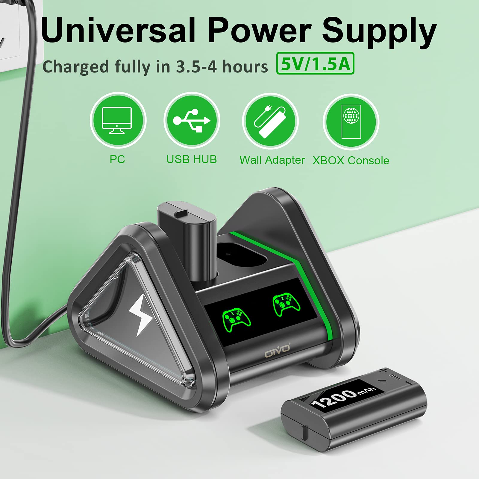 Rechargeable Battery Pack with Charger Station for Xbox, 2 x 1200mAh Rechargeable Controller Battery Pack with Charging Dock for Xbox Series X|S/Xbox One X|S/Elite Controllers - USB-C Cable Included