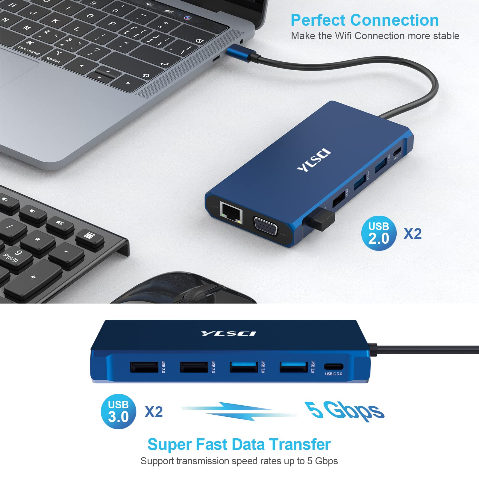 YLSCI 12 in 1 Laptop Docking Station, Triple Display USB C Hub Adapter with Dual 4K HDMI & VGA, 2 x USB 3.0 & 2 x USB 2.0, USB-C 3.0, Gigabit Ethernet LAN, Type C PD, SD/TF Card Reader (Blue)