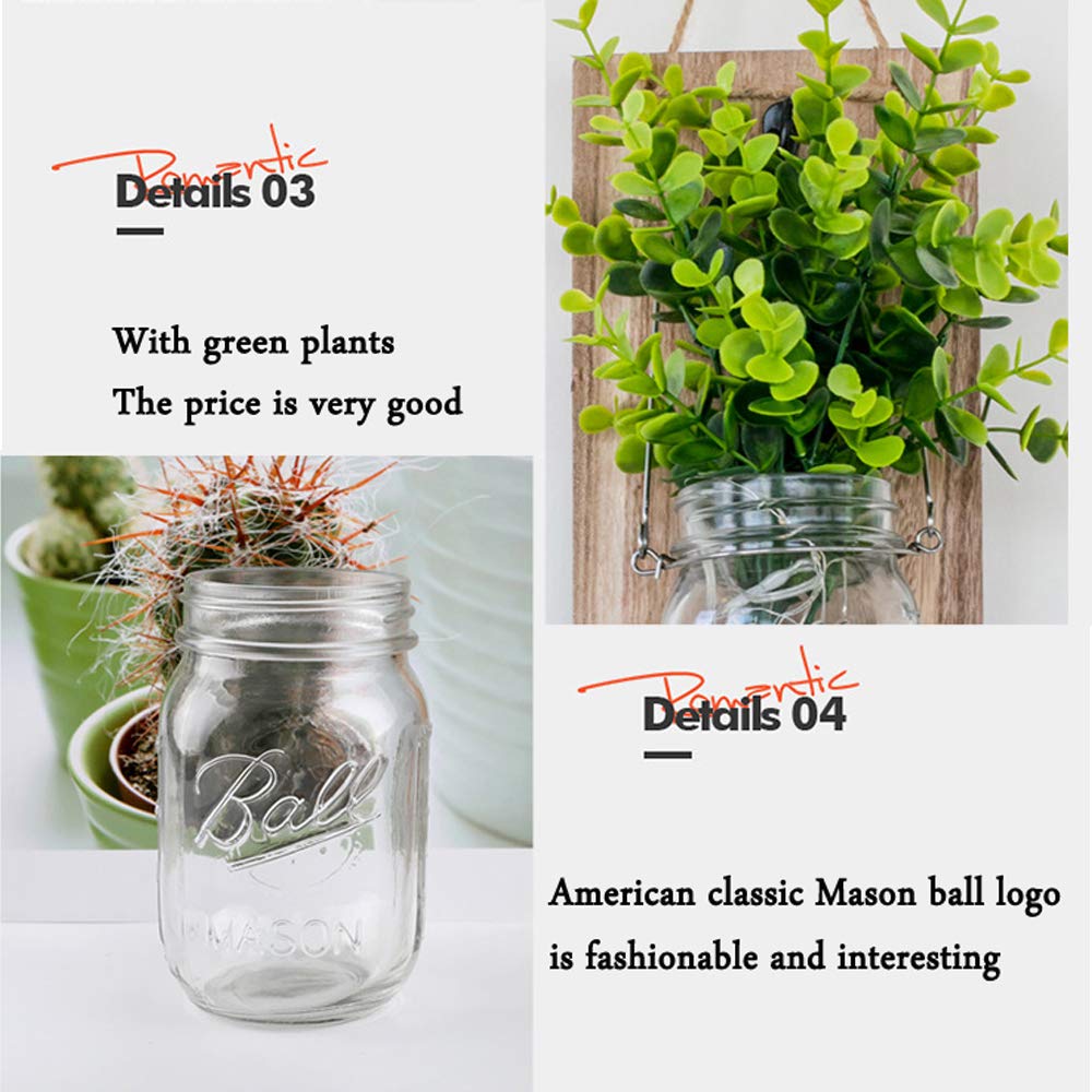 Mason Jar Lights, (Remote Control) Sconces Rustic Wall Decor - Hanging lamp LED Fairy Lights with Green Plant for Interior, Home, Room, Office, Kitchen, Bathroom Decoration Living (2PCS, Warm Light)