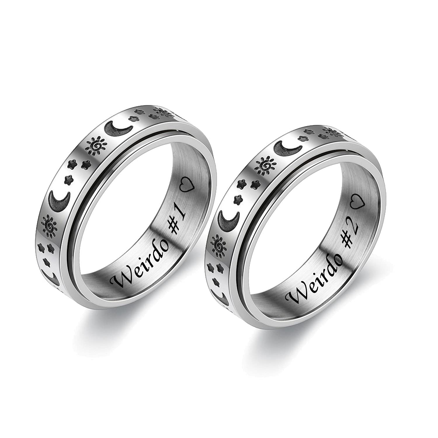 MZZJ Weirdo #1 Weirdo #2 Rings for Best Friend Lover Vintage Boho Star Moon Sun Spinner Fidget Ring Stainless Steel Knuckle Ring Wedding Band for Anxiety,BFF Friendship Gift