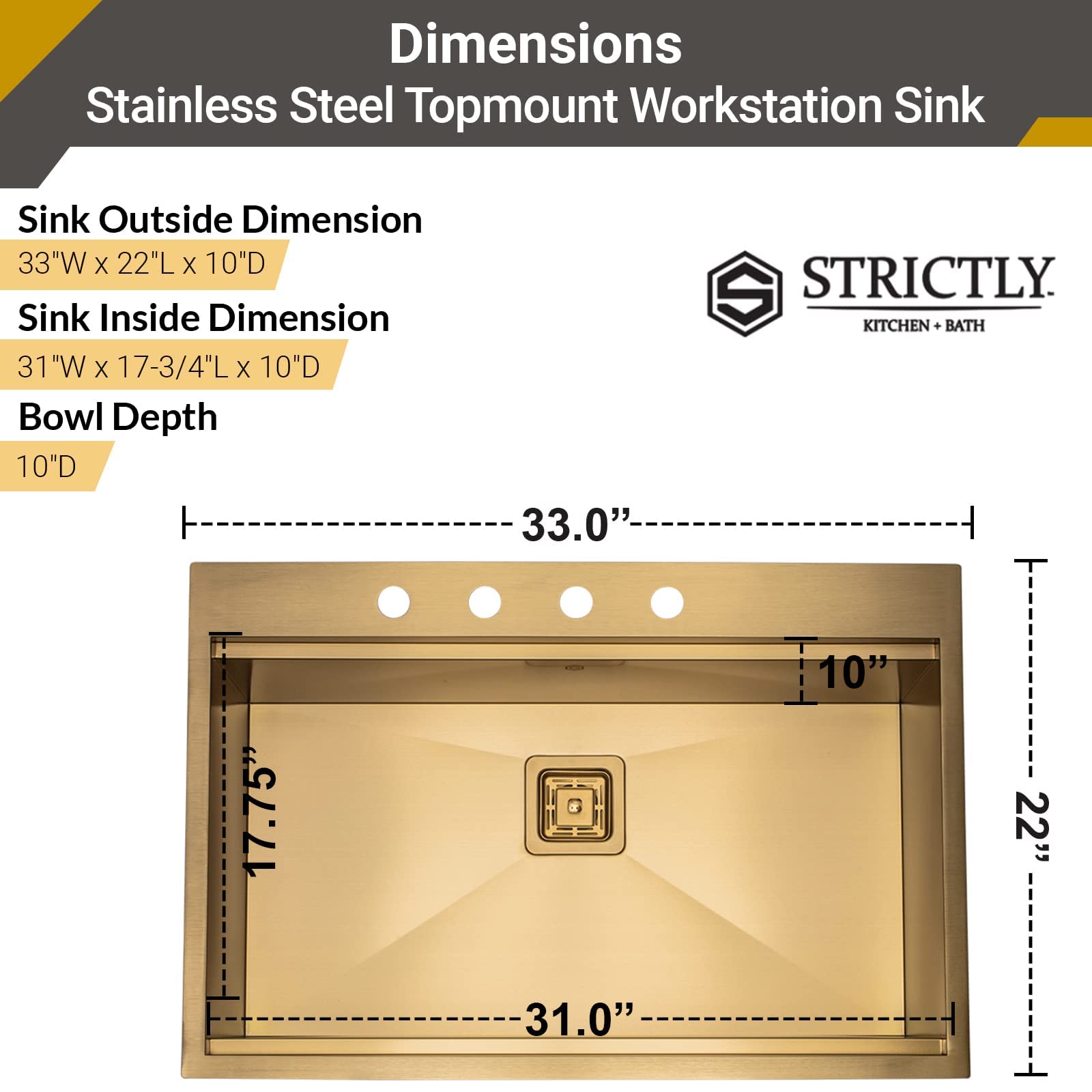 Strictly Sinks 33β Topmount Kitchen Workstation Sink Gold Single Bowl 16 Gauge Stainless Steel Drop In Sink With Scratch, Stain Resistant Colander, Cutting Board, Bottom Grid & Square Disposal Adapter