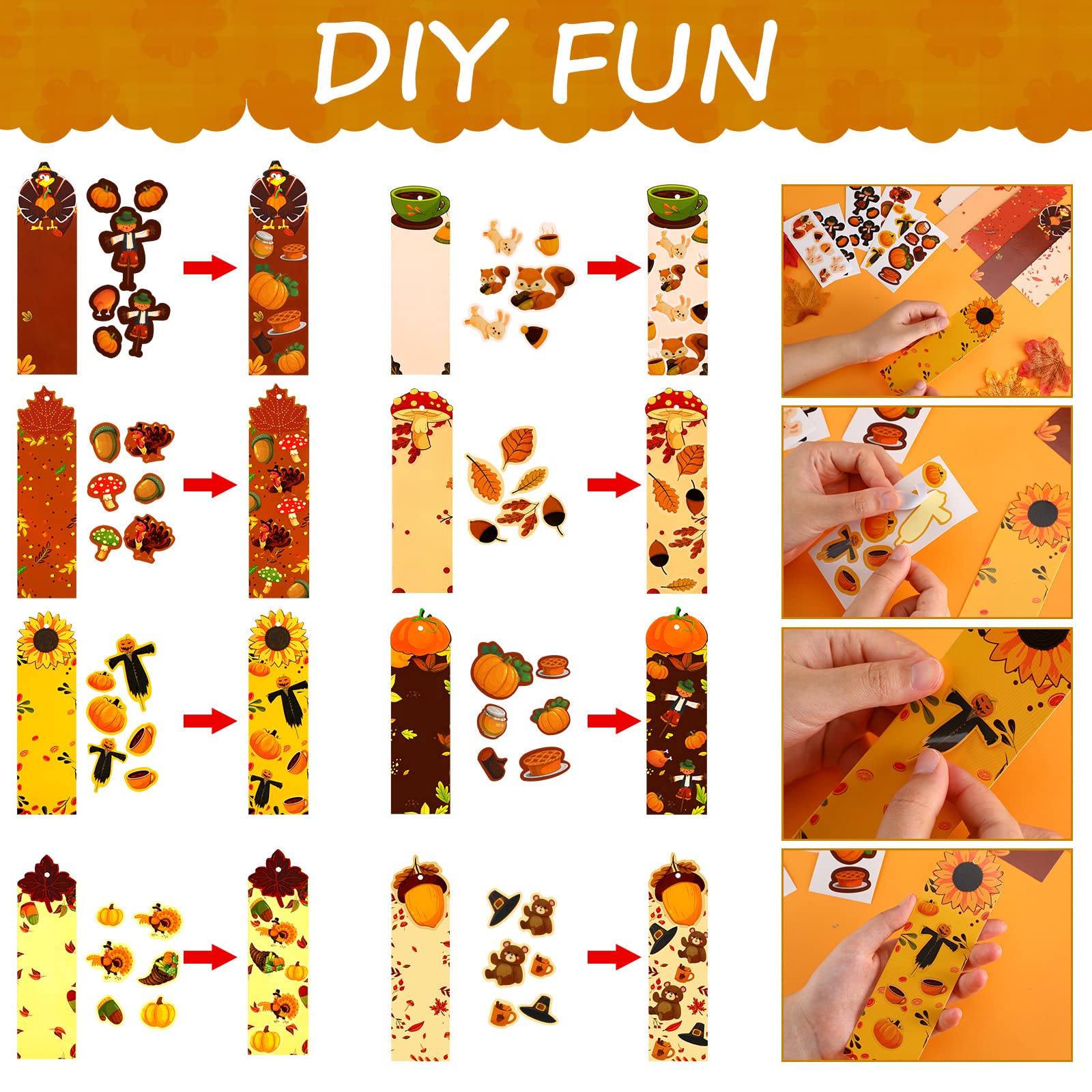 Spiareal 24 Sets Fall Decor Autumn DIY Bookmarks for Kids Thanksgiving Fall Craft Kits Paper Blank Bookmarks Art Set with Maple Leaves Turkey Acorn Mushroom Sunflower Pumpkins Stickers for Art Kit