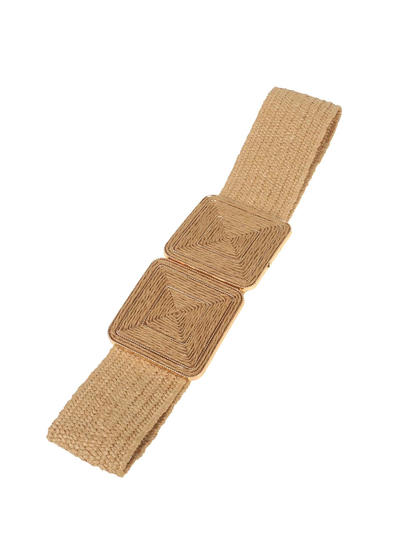 Verdusa Women's Symmetrical Buckle Straw Belts Wide Belt Elastic Waistband Khaki 80