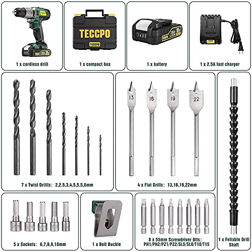 TECCPO Cordless Drill Set, 63Pcs Power Drill Set, Drill with 310 In-lbs, 2-Speed, 21+1 Torque Setting, 2.0Ah Battery & Fast Charger, Tool Kit with Drill, Drill Kit Tool Set for General Household