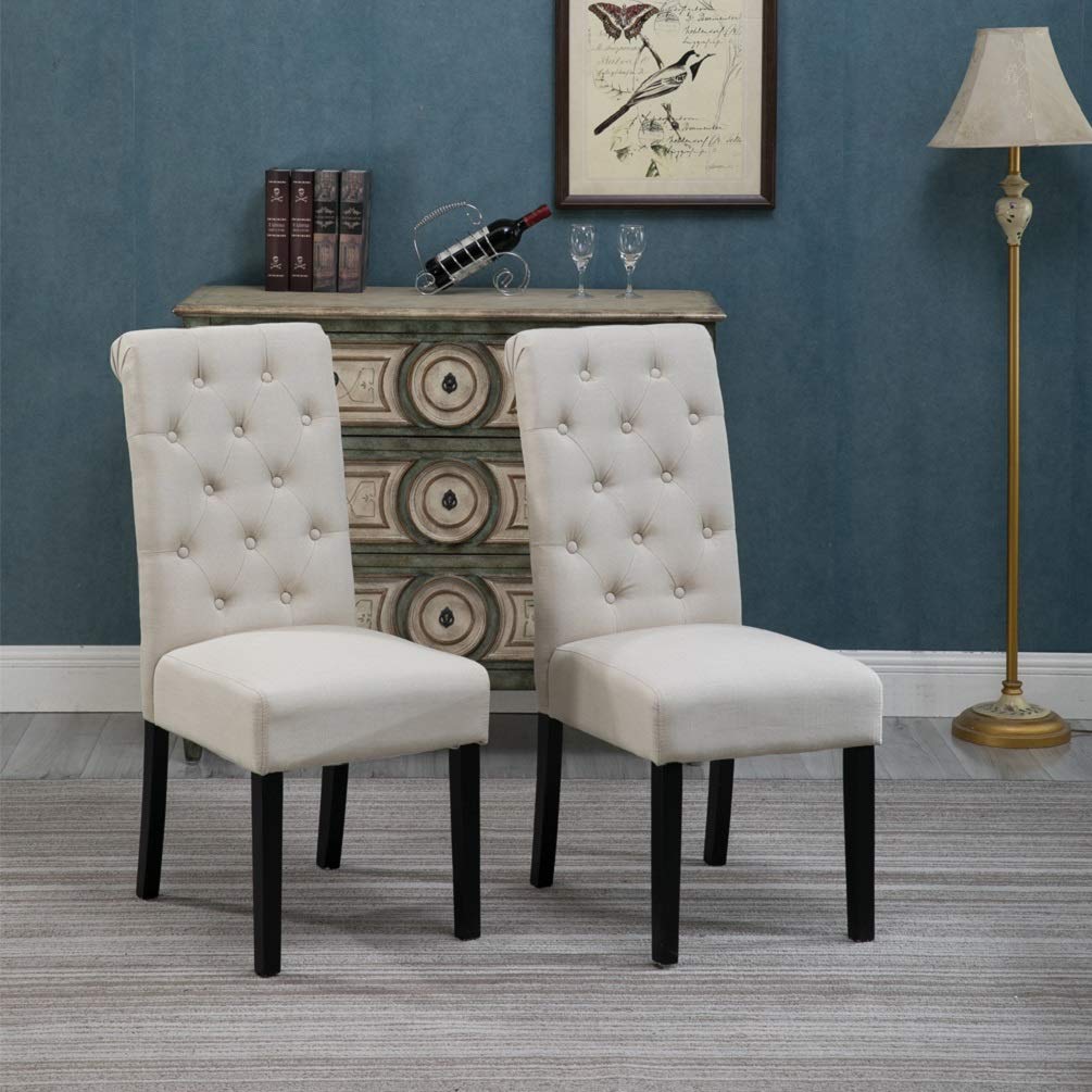 nozama Upholstered Dining Chairs Set of 2 Tufted Fabric Parsons Chair with Solid Wood Legs (Beige)