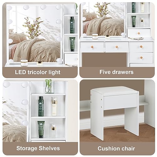 Large Vanity Desk Set with Sliding Mirror and 10 LED Bulbs, 3 Lighting Modes Makeup Table with 5 Drawers, 6 Shelves and Cabinets, White Dressing Table for Bedroom