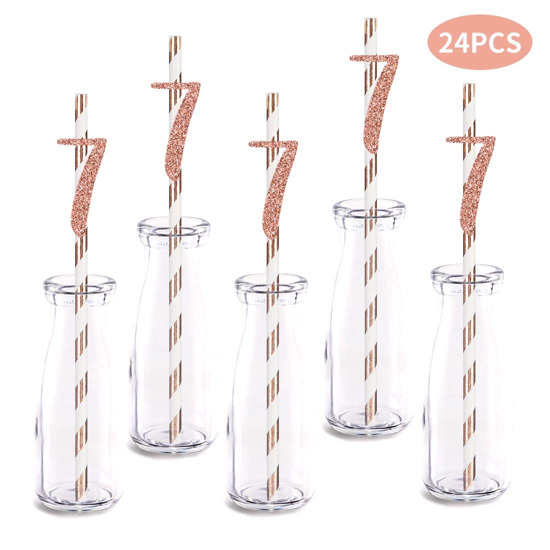 Rose Happy 7th Birthday Straw Decor, Rose Gold Glitter 24pcs Cut-Out Number 7 Party Drinking Decorative Straws, Supplies