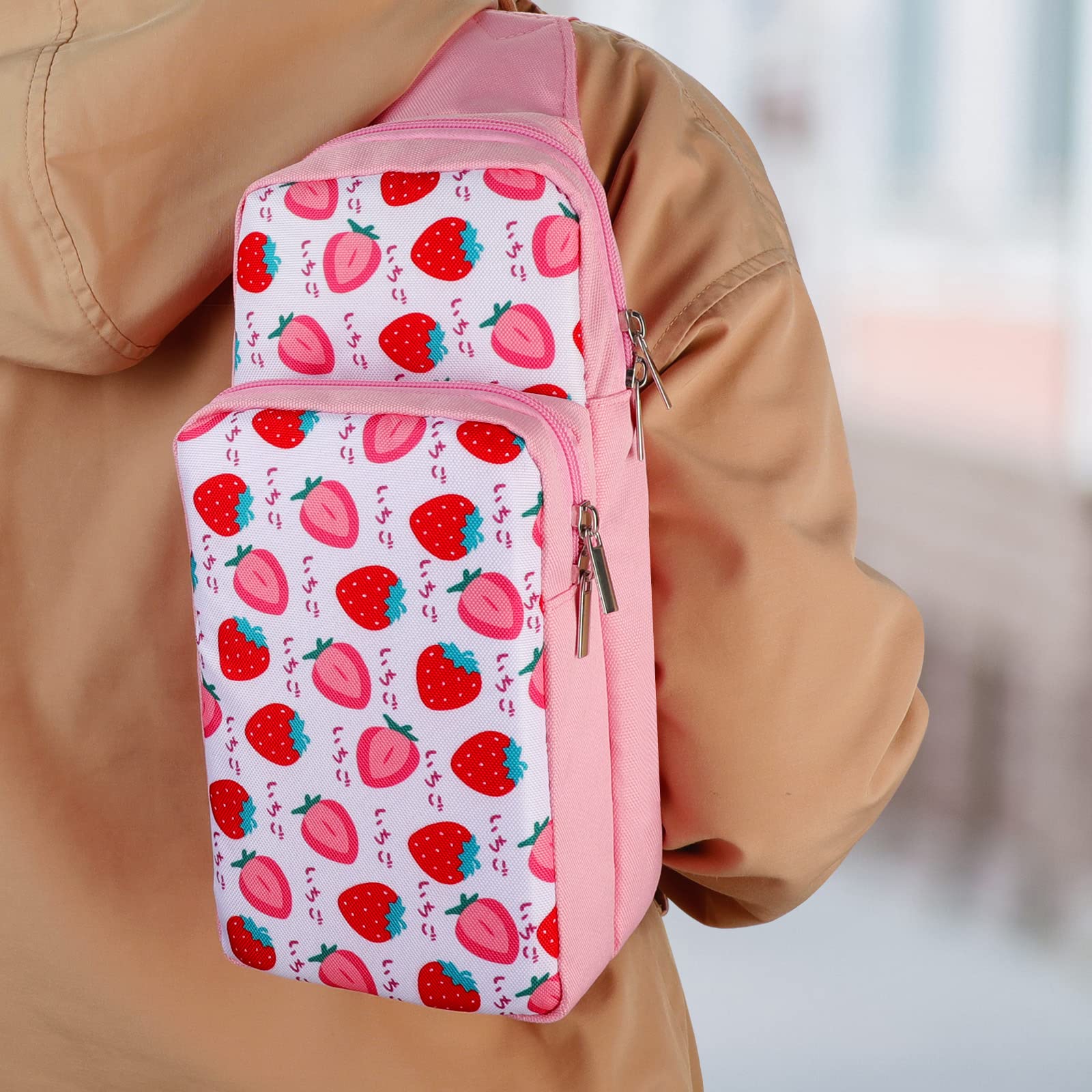 Owngen Cute Travel Bag for Nintendo Switch/ Lite / OLED, Portable Small Pink Strawberry Shoulder Carrying Storage Backpack for NS Consolo, Charging Dock, Joy-Cons, Accessories for Women Grils