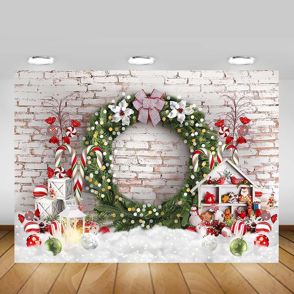 Mocsicka Christmas Photography Backdrop Xmas Candyland White Brick Wall Background Christmas Candy Canes Xmas Wreath Background for Kids Photo Booth Props (7x5ft (82x60 inch))