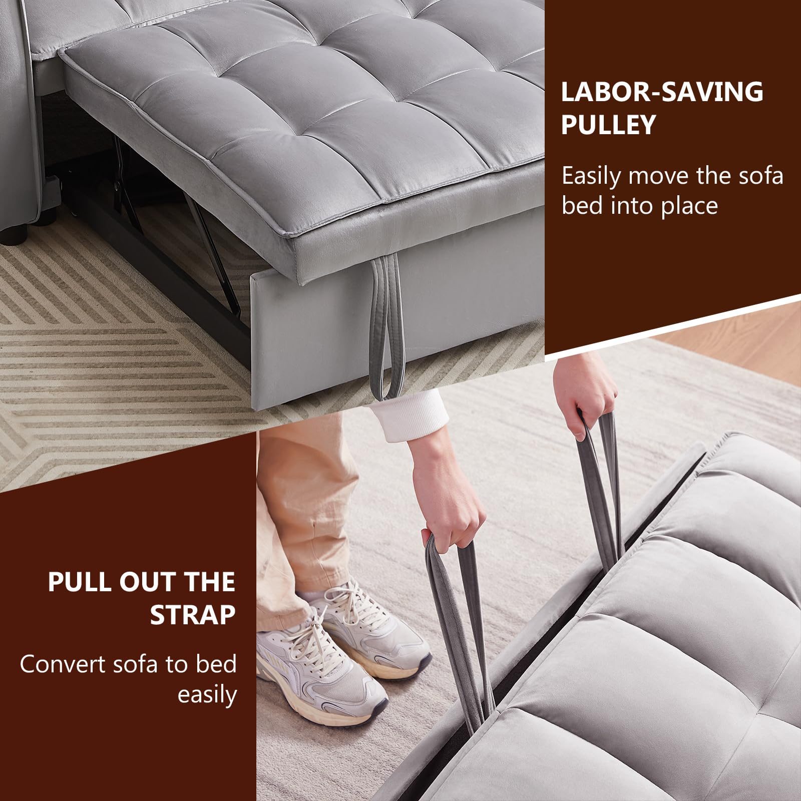 Yafylly 3 in 1 Sleeper Sofa Couch Bed, Pull Out Loveseat with Storage, Full Size Velvet Convertible Chair with 2 Pockets & 2 Pillows for Living Room