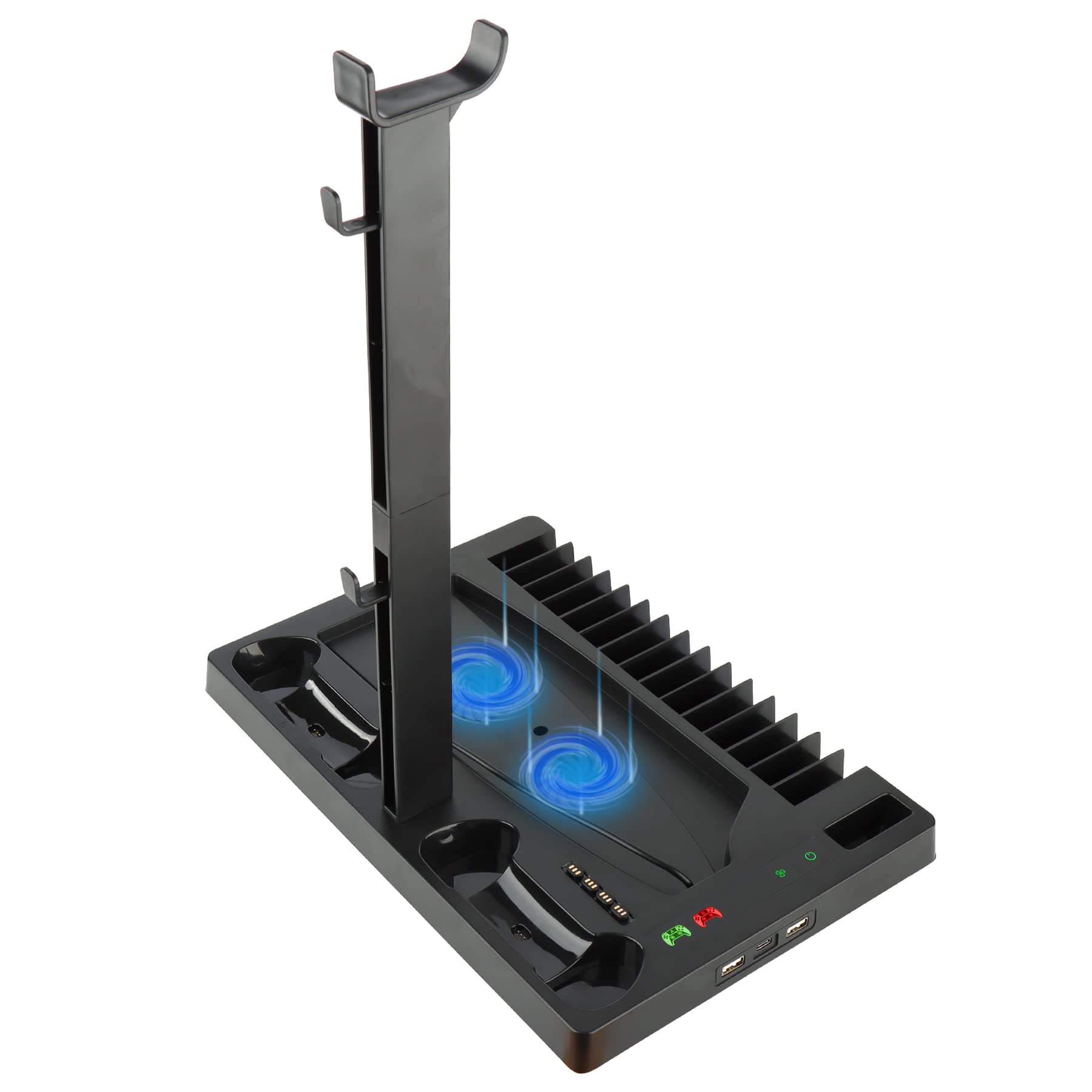 Multi-Functional Vertical Stand for PS5 Disc & Digital Edition Console with Cooling Fans, Dual Controllers Charger Station, Headset Stand, 15 Game Disc Storage Slots and 1 Media Remote Organizer