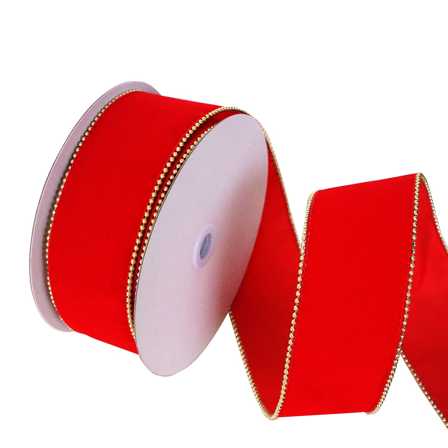 Liphontcta Cintago 2-1/2 Inch, 20 Yards Red Velvet Wired Ribbon with Gold Beads Edge, Christmas Wire Edge Ribbon (red)