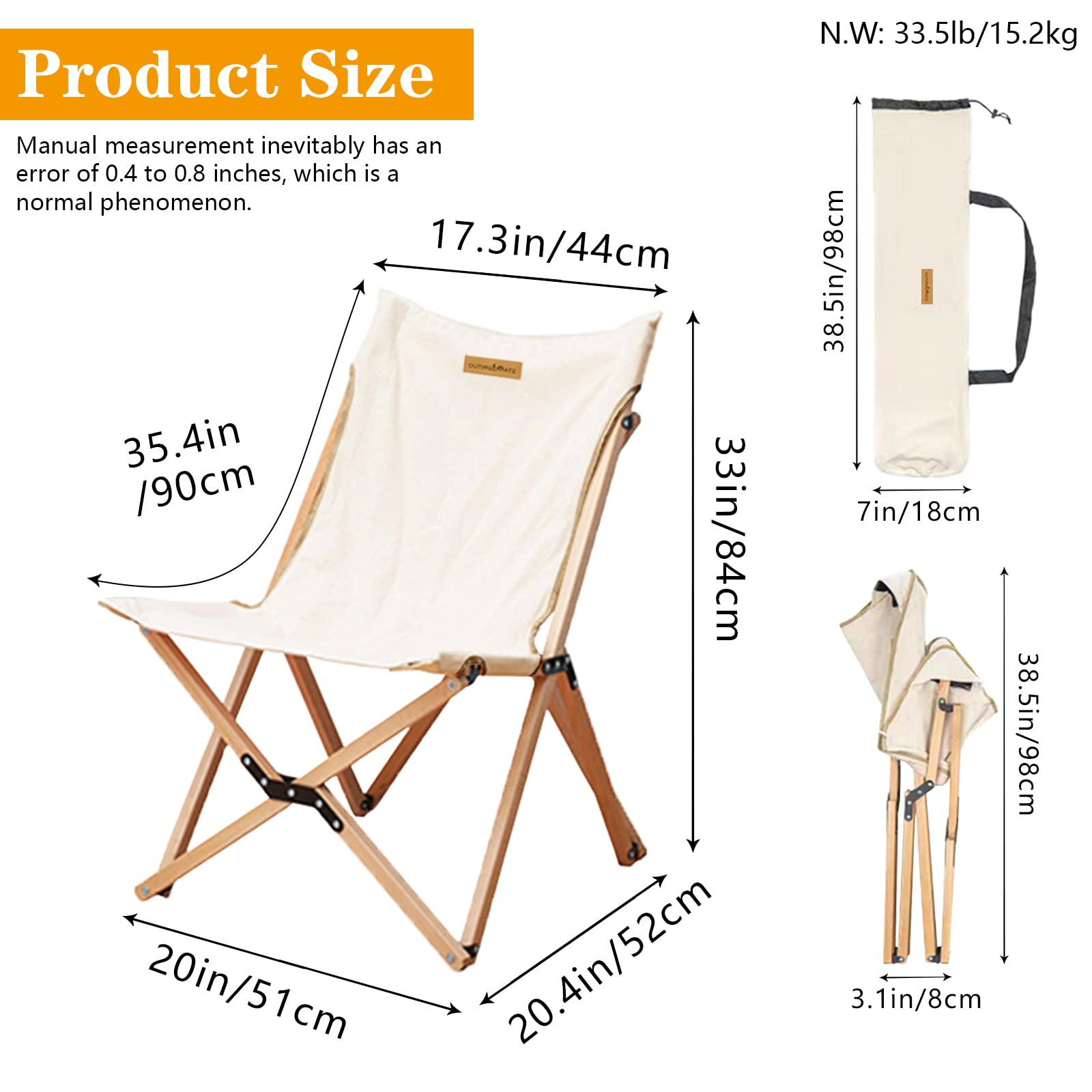 OUTING MATE Wood Camping Chair, Folding Solid Wood Beach Chair,Wood Beach Chair,Wooden Folding Butterfly Chair, Solid Wood Camping Chair(Beech (White)