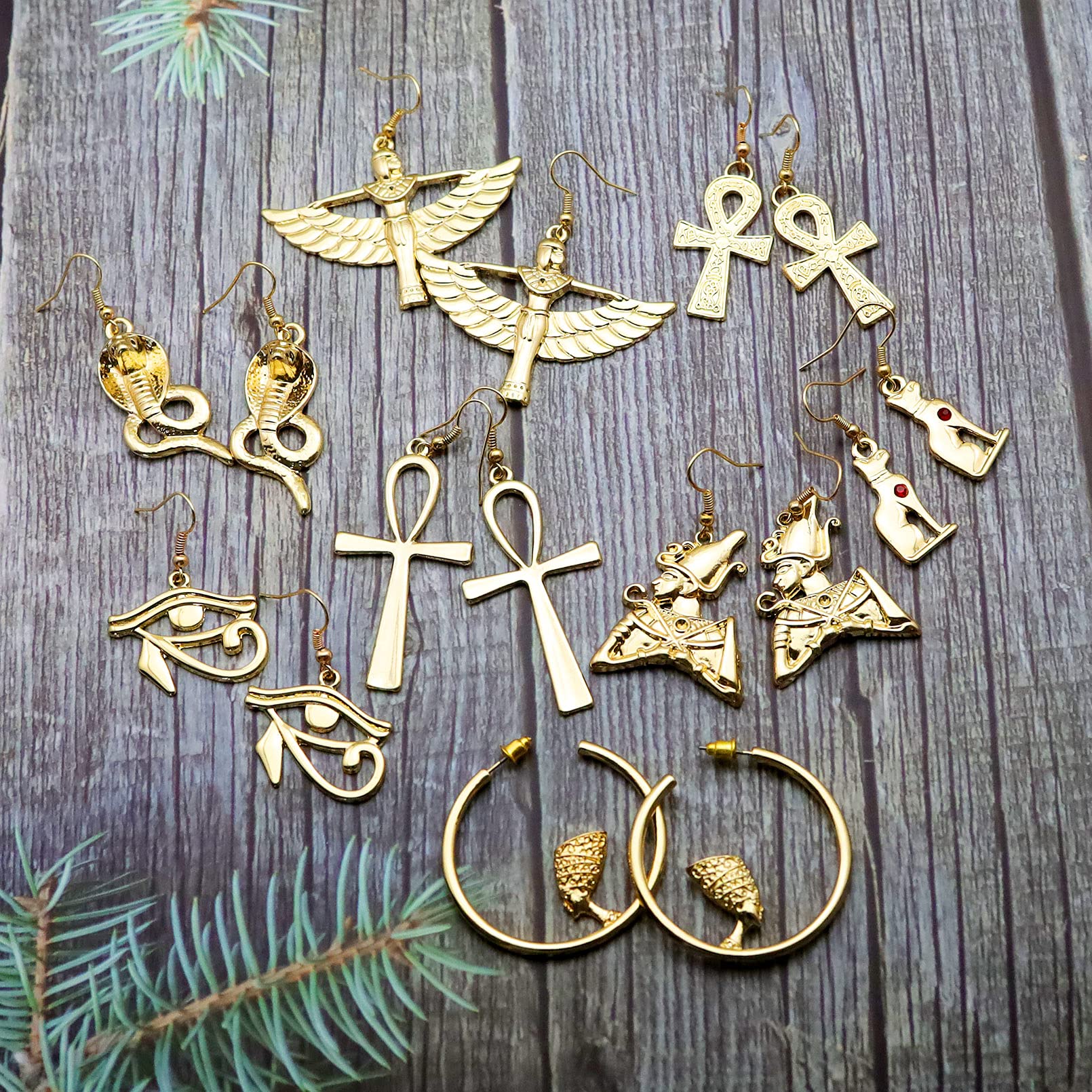 RechicGu 8 Pairs Women Egyptian Ancient Costume Dangle Set Earrings Cross Snake Hoop Studs Drop Vintage Jewelry Accessory Statement Polish Gold…