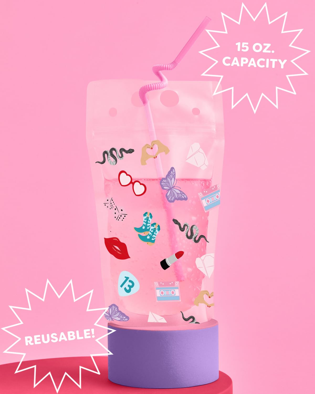 xo, Fetti Eras Party Clear Drink Pouches - 15 pcs | Concert Party Sippers, Bachelorette Decorations, Birthday Drinkware, Bridesmaid Supplies