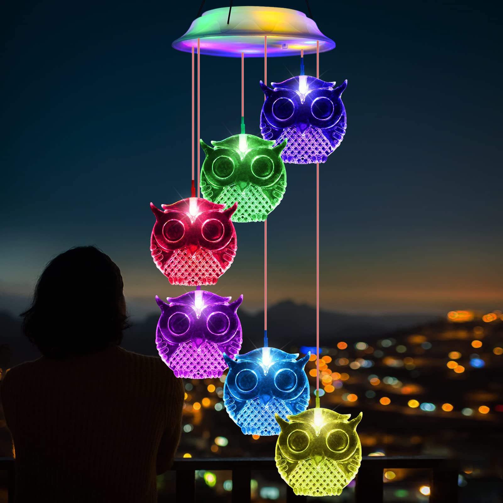 Wind Chimes,Owl Solar Wind Chimes for Outside, Waterproof LED Solar Powered Memorial Wind Chimes with Lights, Housewarming Gifts for Garden Outdoor Patio Yard Lawn Decor