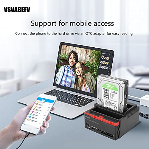 VSVABEFV Hard Drive Docking Station Hard Drive Dock Reader, Hard Drive Enclosure 2.5"/3.5" USB 3.0 to 2 SATA Ports 1 IDE Port External HDD Hard Drive Card Reader USB3.0 Hub with OTB/OTC Offline
