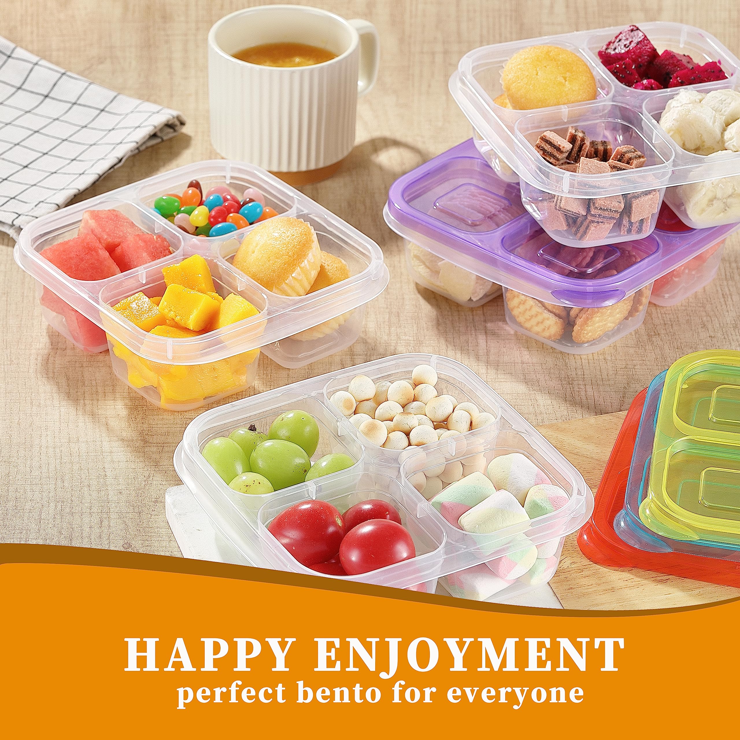 MONGSEW 4PCS Bento Snack Boxes, Snack Containers for Toddlers & Adults, Reusable 4 Compartment food Snack Containers for Work, School, Travel, Picnics, Microwave and Dishwasher Safe, (4 Colors)