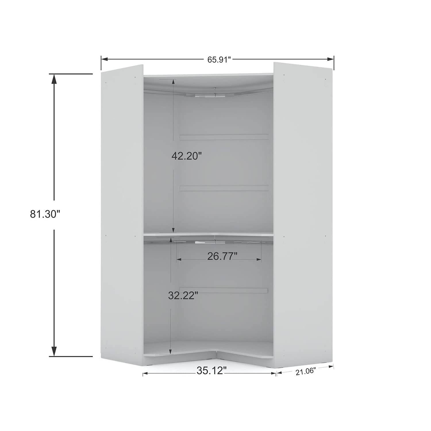 Manhattan Comfort Rockefeller Ultra Modern Open Corner Bedroom Closet with 2 Hanging Rods, 65.91", White