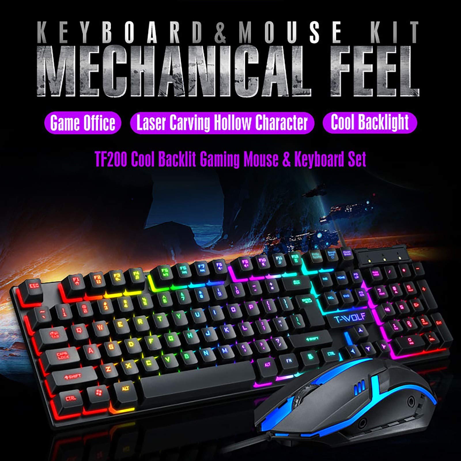 RGB Gaming Keyboard and Mouse-Light Up & LED Backlit Mechanical Keyboard & Mouse Combo-Rainbow Keyboard with 104 Keys- Gaming Mouse, for PS4, PS5, Xbox, PC, Laptop-Black
