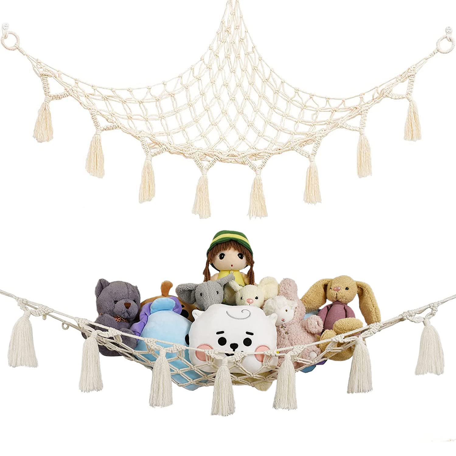 Wonlimaye Stuffed Animal Hammock Toy Storage with LED Light,Corner Stuffed Animal Net with Tassels,Children's bedroom playroom hanging toy storage net (White)