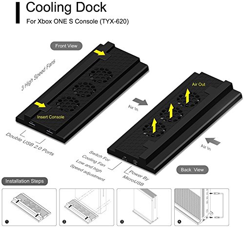 Megadream Xbox One S Vertical Stand USB Cooling Fan, with 3 Adjustable L/H Speed Fans Button & 2-Port USB Charging Port & Data Syncing Cooler for Microsoft Xbox One Slim Gaming Console - Black