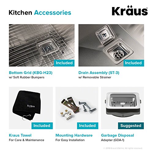 KRAUS Pax 22 1/2-inch 16 Gauge Undermount Single Bowl Stainless Steel Kitchen Sink, KHU23, Satin