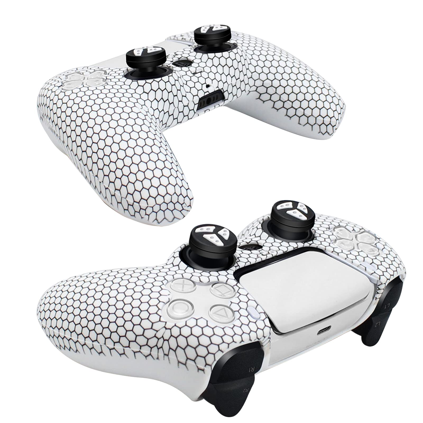 SIKEMAY PlayStation5 Controller Cover Skin Case, Anti-Slip Thicken Silicone Protective, Perfectly Compatible with PlayStation 5 Controller Grip with 10 x Thumb Grip Caps (Black-White Grid)