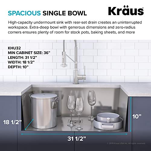 KRAUS Pax 31 1/2-inch 16 Gauge Undermount Single Bowl Stainless Steel Kitchen Sink, KHU32