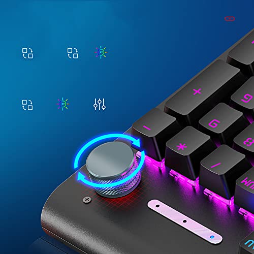 Multimedia Knob Computer Mechanical Keyboard,Sandblast Metal Panel,104-Keys Conflict Free Buttons Gaming Keyboard,Dazzle Colour on Both Side, Mouse+Mouse Pads (Black/White Backlit/Blue Switch