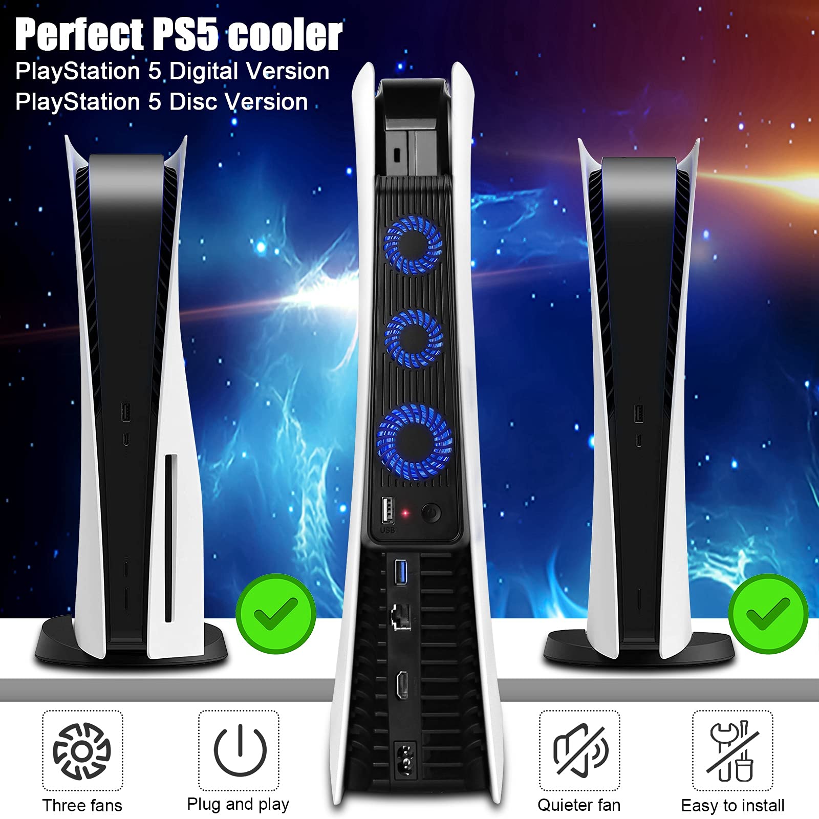 SIKEMAY PS5 Cooling Fan, PS5 Console Cooling Fan with USB Port, PS5 Cooler with Three 6000-Speed Fans, Self-Starting Cooling Fan for PlayStation 5 Console Accessories