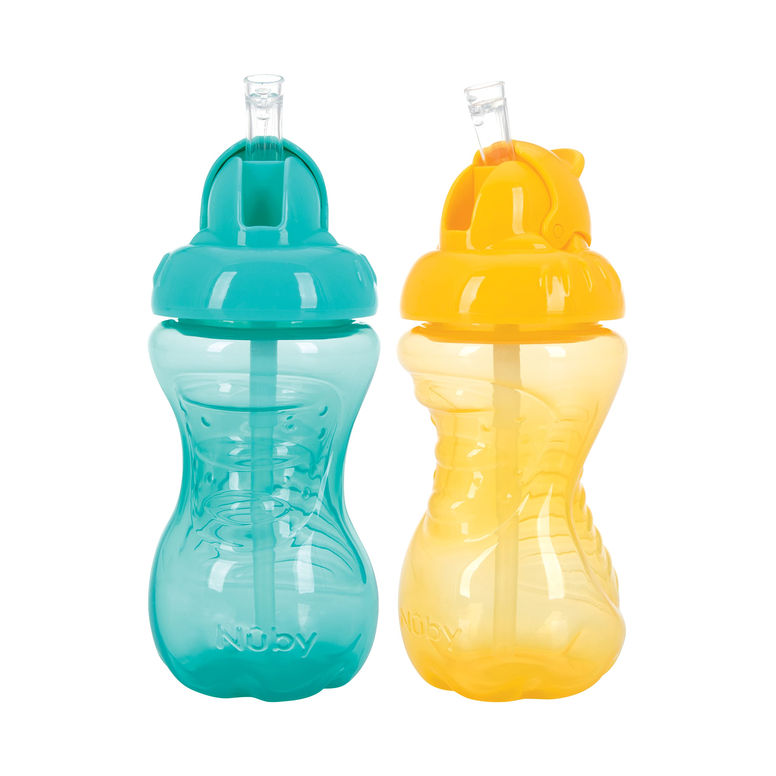 Nuby 2-Pack No-Spill Flip-It Cups, 10 Ounce, Yellow/Aqua