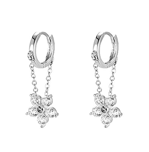 Reffeer 925 Sterling Silver Flower Chain Drop Earrings Hoop for Women Teens Girls Huggie Hoop Dangle Earrings Chain (A-Silver)