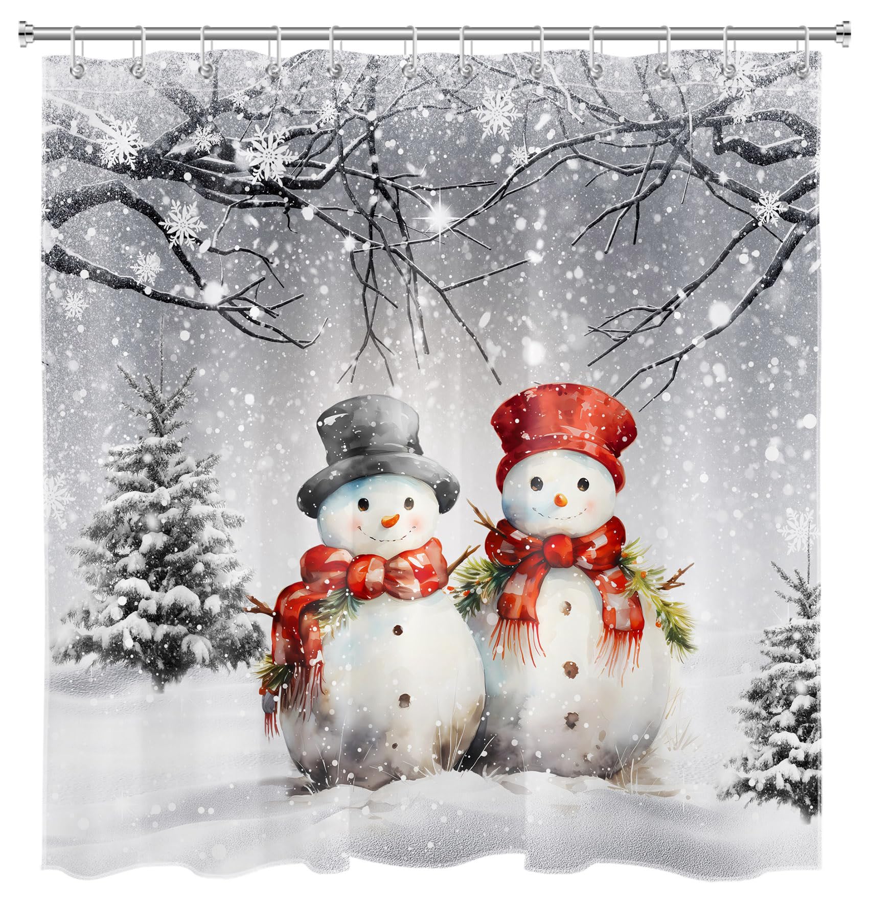 LB Christmas Snowman Shower Curtain Winter Scene Cute Snowman with Pine Tree Covered Snow Bathroom Shower Curtain Snowflake Bathroom Decor with Hooks 72Lx72W Inch Waterproof Polyester Bath Curtain