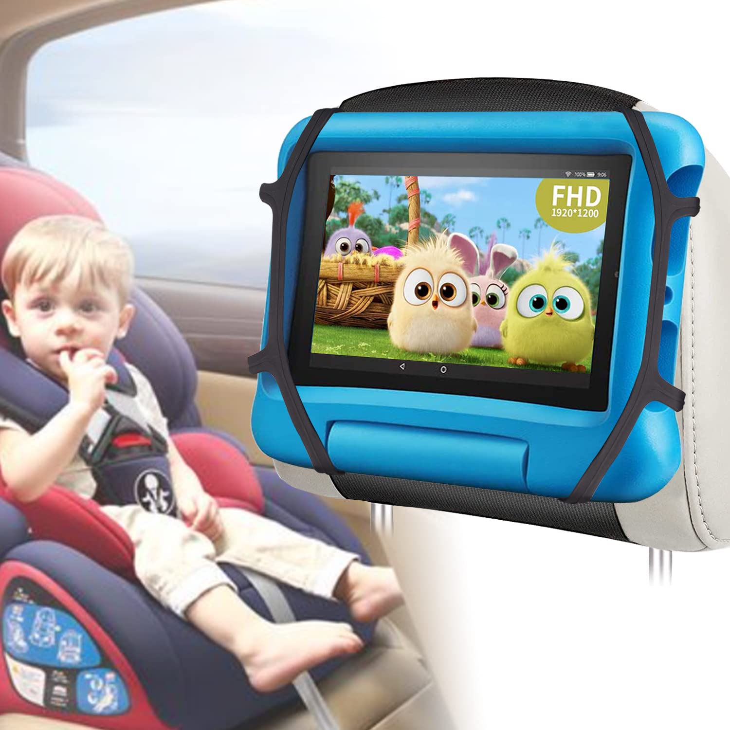 MONEER Upgraded Car Headrest Mount Holder, Tablet Holder for Car in Back Seat with Soft Silicon Holder Net and Anti-Slip Strap, Fits All 7-10.5 Inch Tablets/iPads