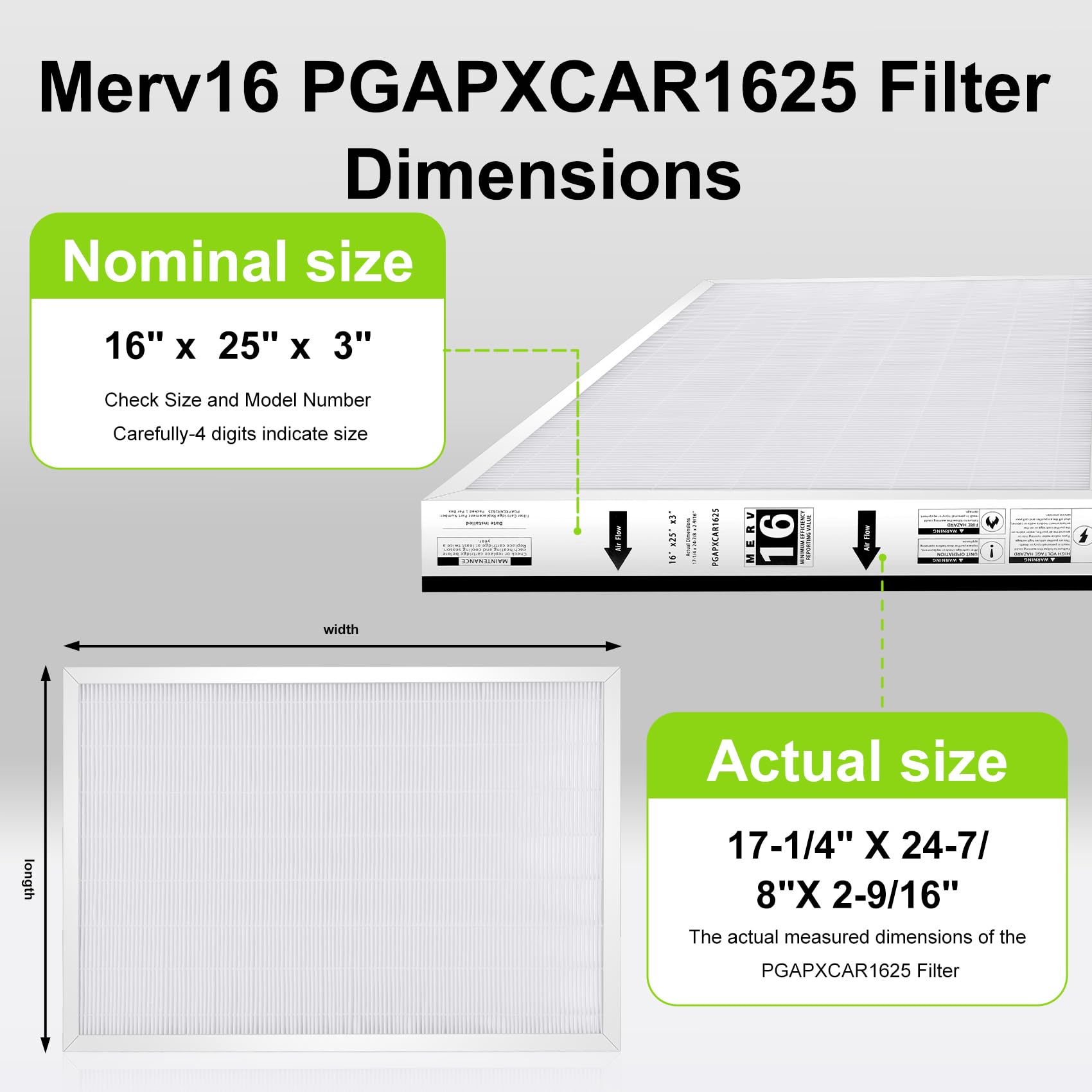 Upgraded PGAPXCAR1625 Merv16 Replacement Filter, Compatible with Bryant/Carrier PGAPXCAR1625, AGAPXCAR1625-A02,PGAPXCAR1625-a02, PGAPXCAR1625-A01, AGAPXCAR1625 Filter(16x25x3in)-2 Pack